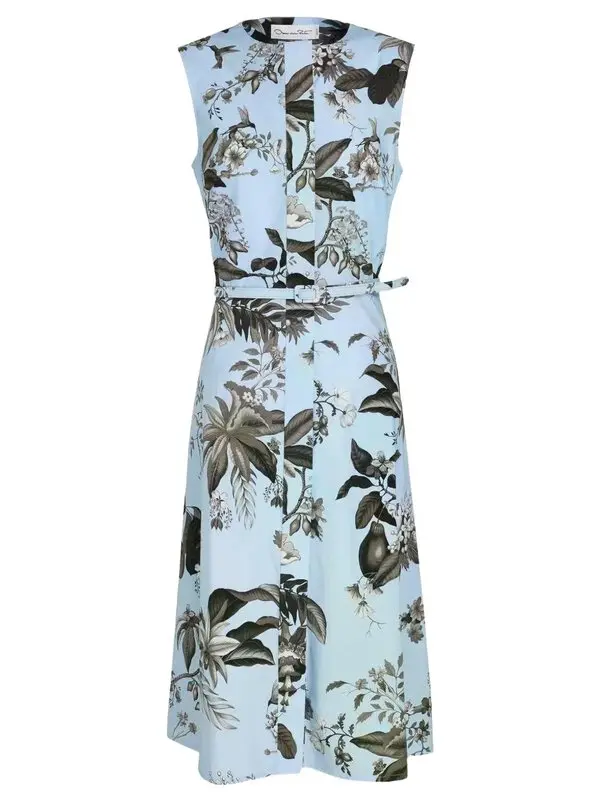 Oscar De La Renta Floral Belted Shirt Midi Dress - Blue