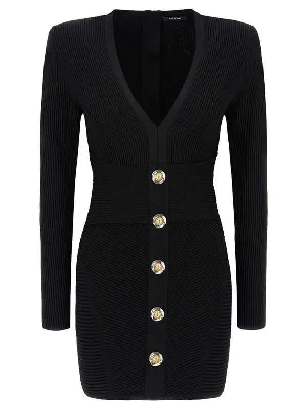 Balmain Bodycon Knit Dress With Button Detail - Black