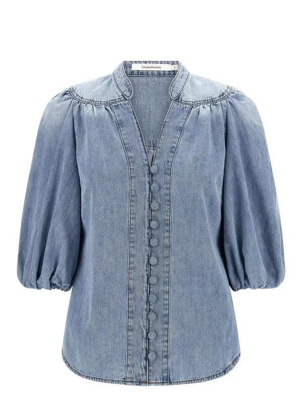 Zimmermann Lucky Cotton Denim Blouse - Light Blue