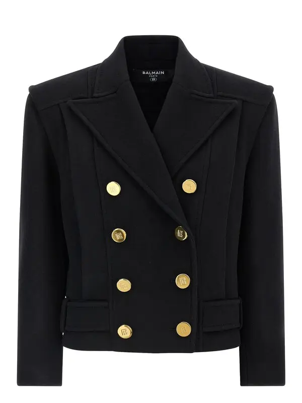 Balmain Double-breasted Short Wool Blend Coat - Black