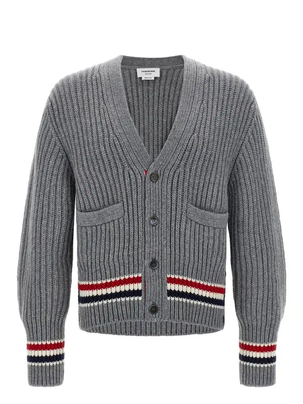Thom Browne Ribbed Cashmere Cardigan With Rwb Tape - Gray