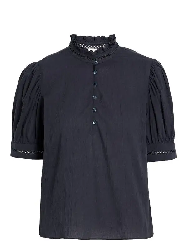 FRAME Cotton-gauze Top With Ruffle Collar - Navy