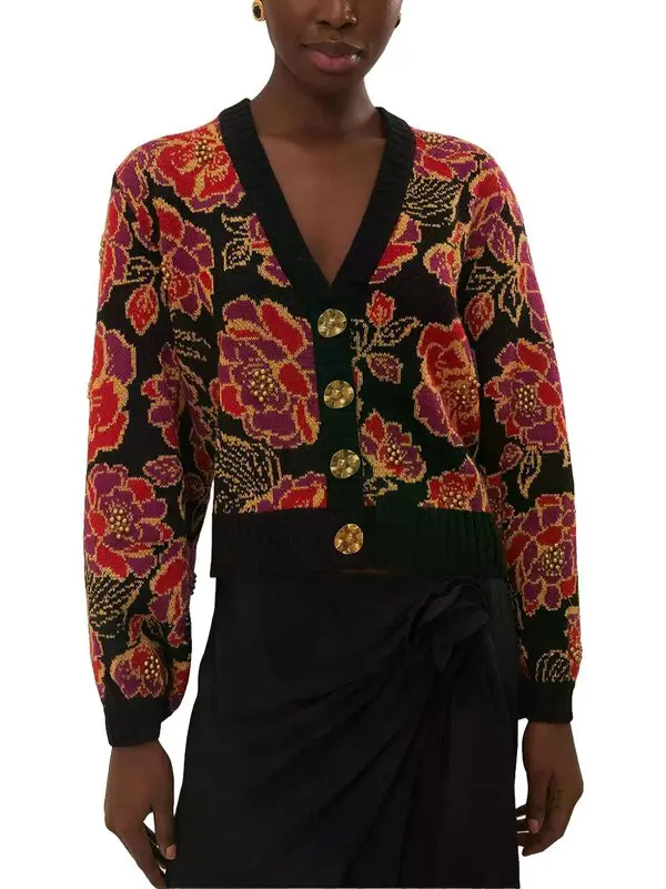 Farm Rio Floral Embellished Cardigan - Black