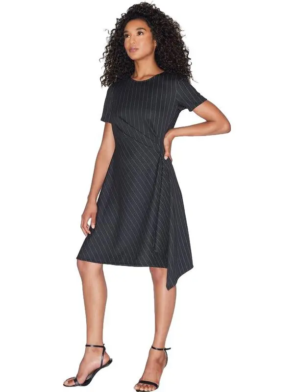 Natori Pinstripe Knit Side Drape Dress - Gray / Black / White