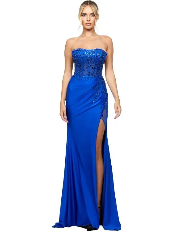 BARIANO Madeleine Strapless High Split Gown - Cobalt