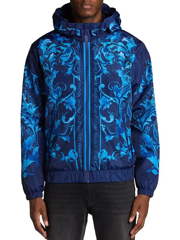 Versace Printed Zip-front Hooded Jacket - Navy