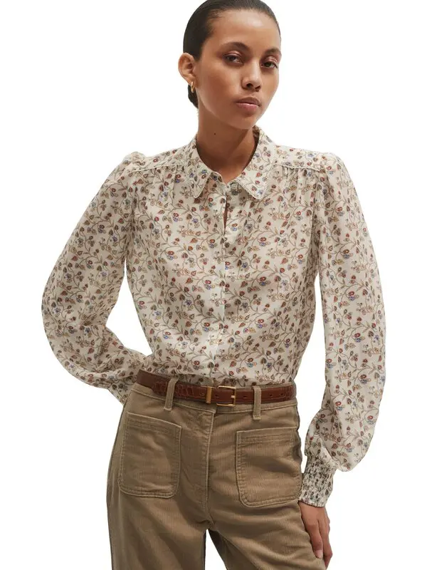 ME+EM Silk Cotton Cottage Garden Print Blouse - Light Cream/multi
