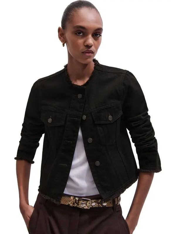 ME+EM Collarless Fray Denim Jacket - Brown Black Wash