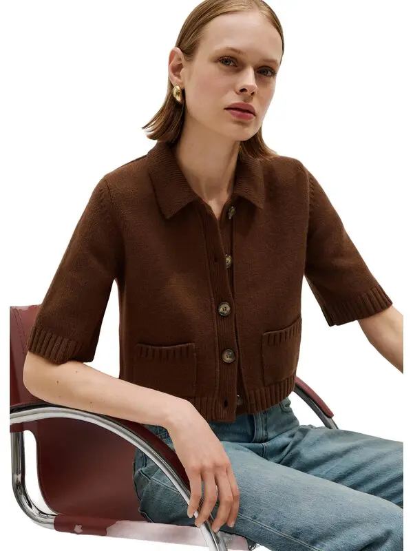 ME+EM Merino Cashmere Cropped Knit Jacket - Chestnut Brown