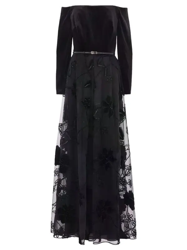 Elie Saab Velvet Floral-embroidered Tulle Dress - Black