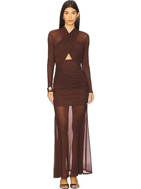 Bardot Veria Wrap Mesh Maxi Dress - Chocolate