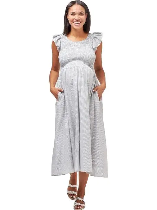 NOM MATERNITY Harper Smocked Maternity Dress - Microstripe