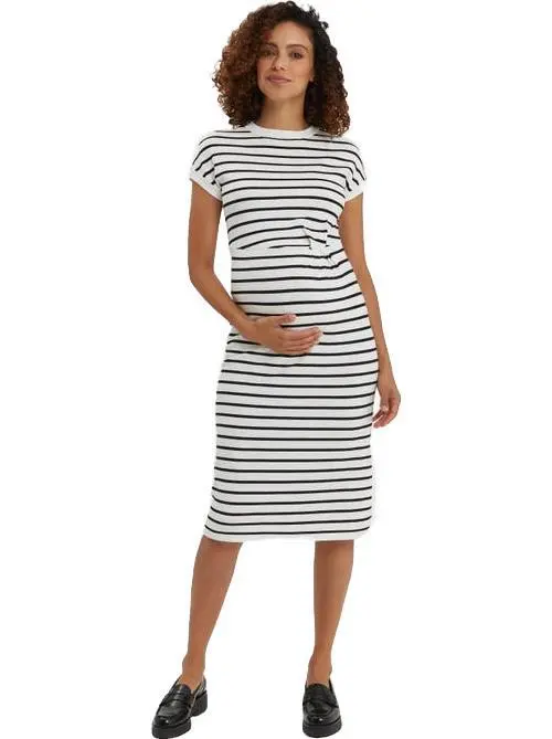 NOM MATERNITY Lydia Maternity & Nursing Knee Length Dress - White & Black Stripe
