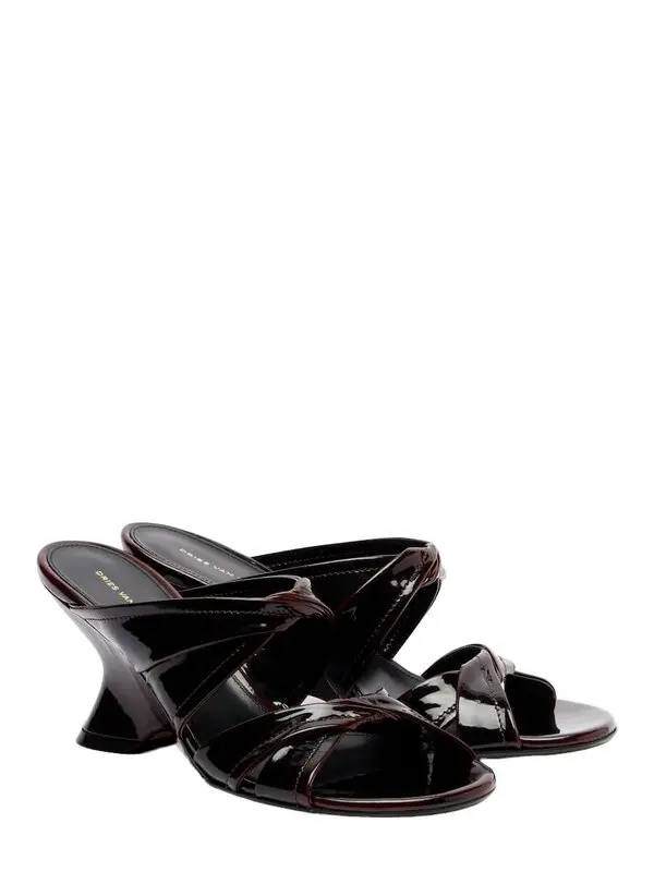 Dries Van Noten 75 Patent Leather Wedge Mules - Brown