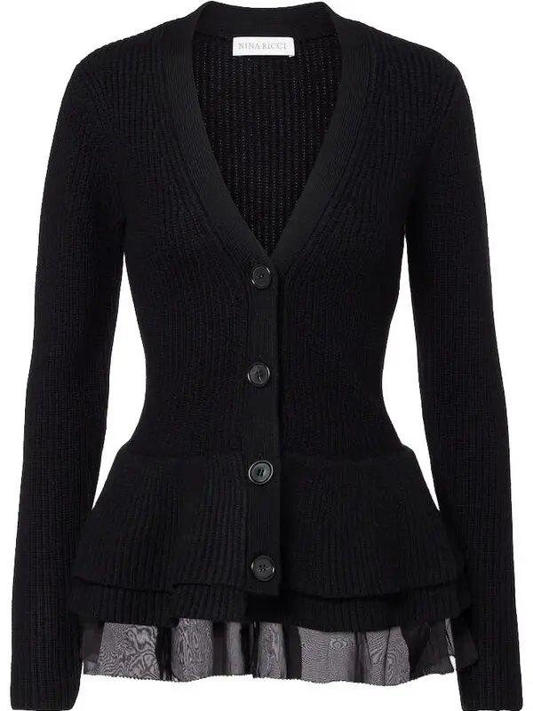 Nina Ricci Ruffled Silk-trimmed Wool Cardigan - Black