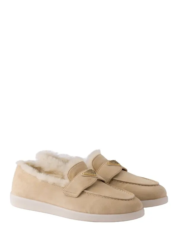 Prada Suede And Shearling Loafers - Ecru