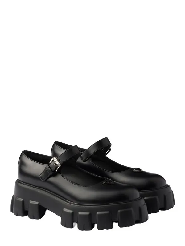 Prada Brushed Leather Monolith Mary Janes - Black