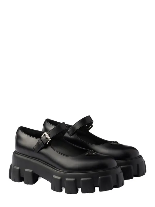 Prada Brushed Leather Monolith Mary Janes - Black