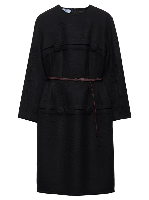 Prada Chevron Wool Dress With Leather Belt - Black