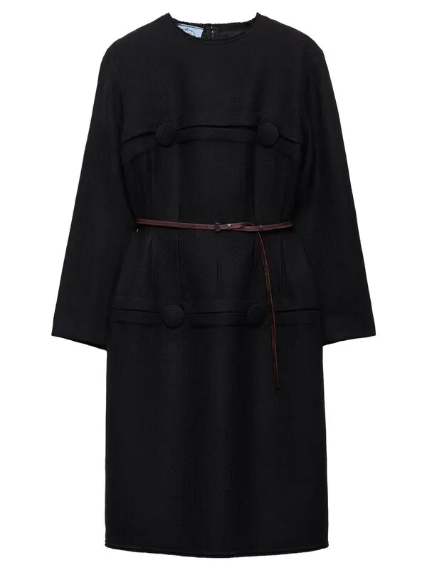 Prada Chevron Wool Dress With Belt - Black