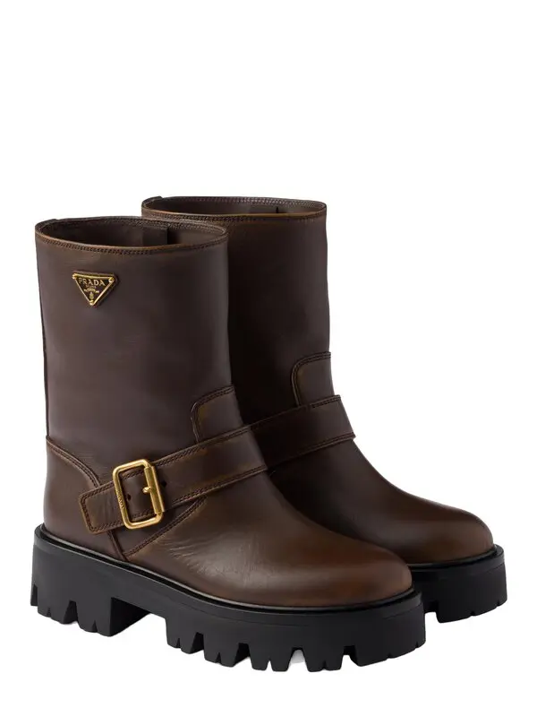 Prada Leather Booties - Brown
