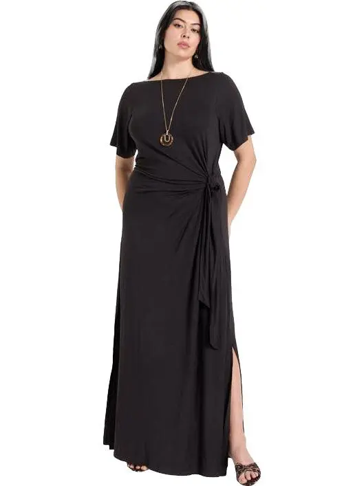 JUNE + VIE Boatneck Gathered Maxi Dress - Black Onyx
