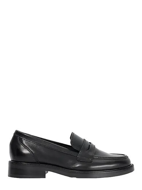 DUNE Giya Flat Leather Penny Loafers - Black Plain Leather