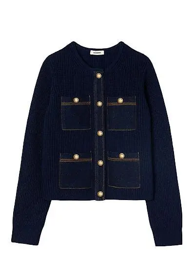 Sandro Denim-pocket Ribbed Wool Cardigan - Navy Blue