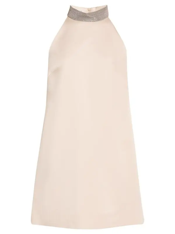 Brunello Cucinelli Satin Cady A-line Mini Dress With Monili Collar - Salt