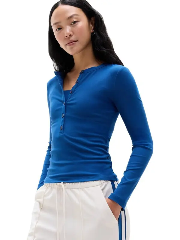 Athleta Signature Rib Long Sleeve Henley Top - Maritime
