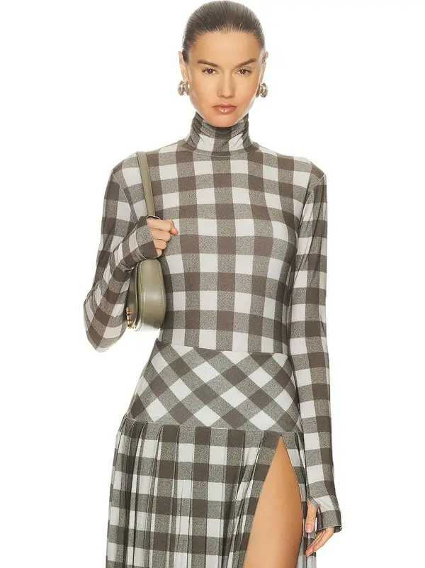 Norma Kamali Slim Fit Long Sleeve Turtleneck Top - Bark Box Plaid