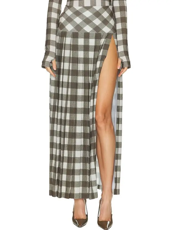 Norma Kamali Pleated Long Skirt - Bark Box Plaid