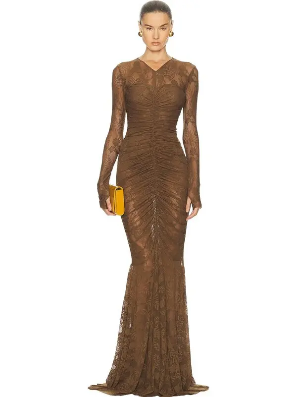 Norma Kamali Long Sleeve Fishtail Gown - Bark