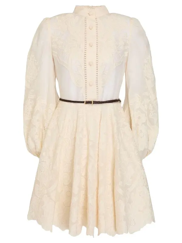 Zimmermann Belted Embroidered Linen-gauze Mini Dress - Cream