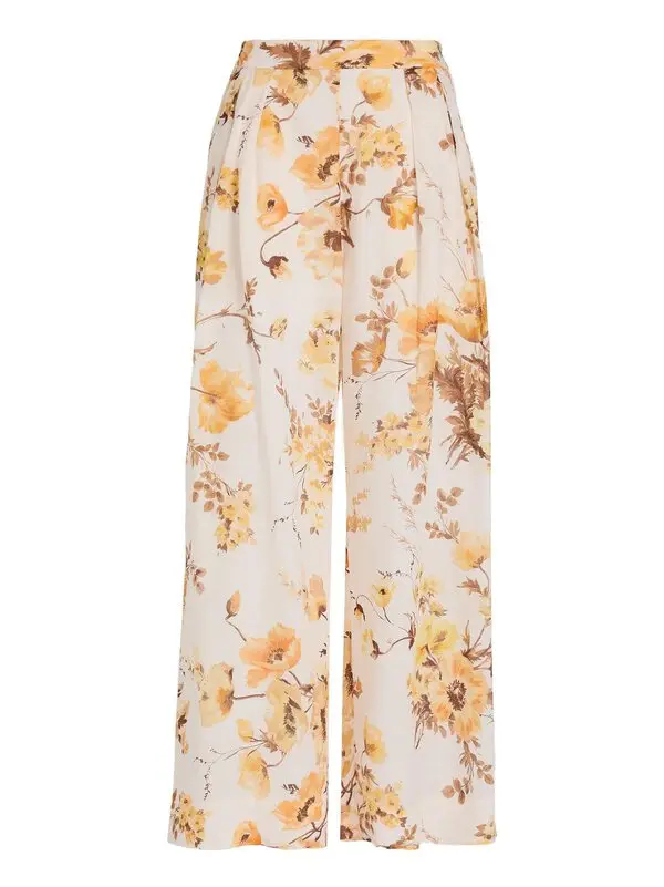 Zimmermann Pleated Floral-print Ramie Wide-leg Pants - Pastel Orange