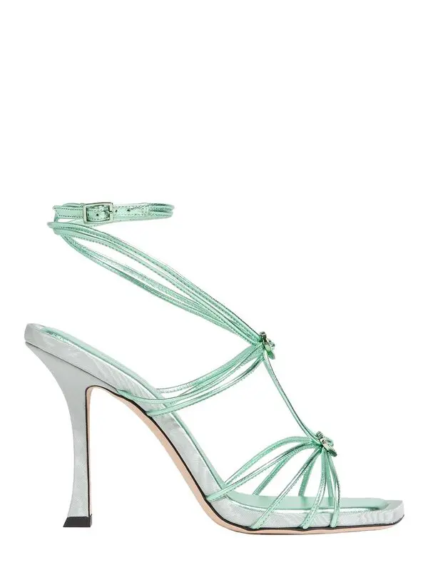 JIMMY CHOO Indiya 100 Crystal-embellished Metallic Leather Sandals - Mint