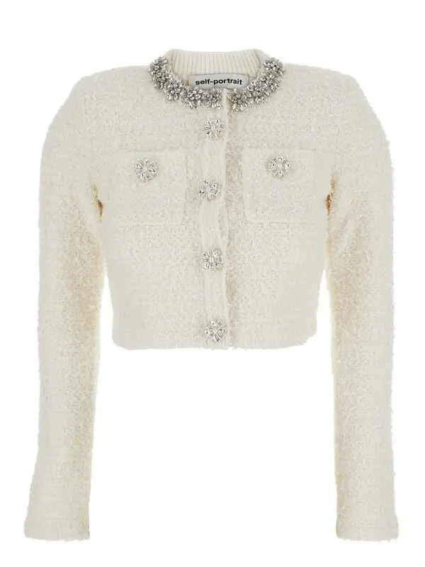 SELF-PORTRAIT Crewneck Cropped Cardigan With Crystal Embellishments - White