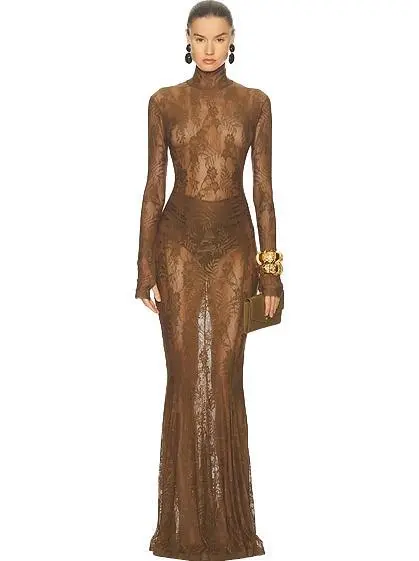 Norma Kamali Long Sleeve Turtleneck Fishtail Gown - Bark