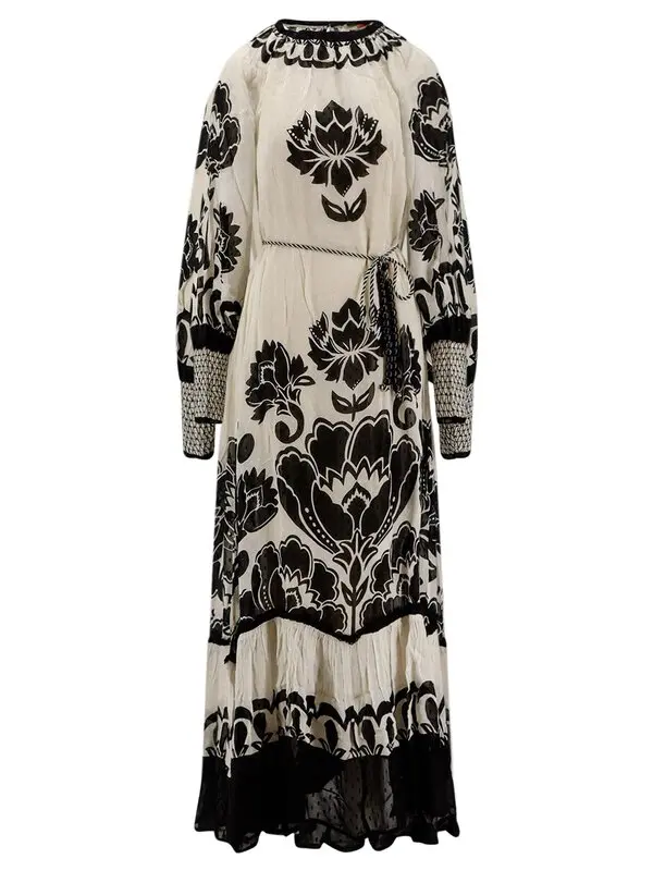 Farm Rio Viscose Dress With Floral Arabesque Motif - White