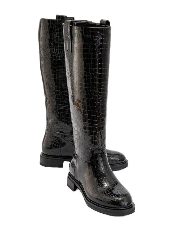 PROLOGUE SHOES Knee High Boot - Black Pattern Faux Leather
