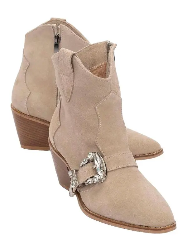 FOREVER & ALWAYS SHOES Leather Buckle Ankle Boots - Beige Leather