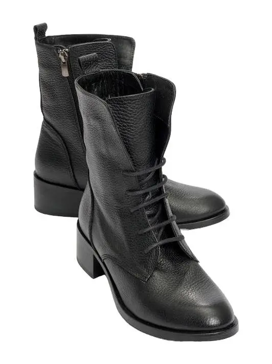 FOREVER & ALWAYS SHOES Leather Block Heel Ankle Boots - Black Leather