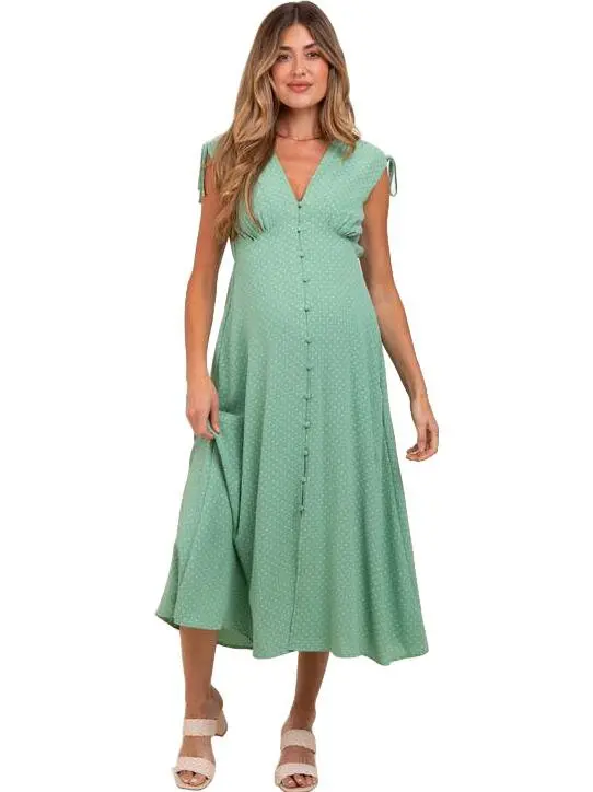 PINKBLUSH Polka Dot Shirred Bow Midi Dress - Green