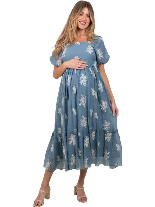 PINKBLUSH Floral Print Ruffle Hem Maternity Midi Dress - Blue