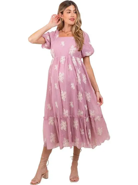 PINKBLUSH Floral Print Ruffle Hem Maternity Midi Dress - Mauve