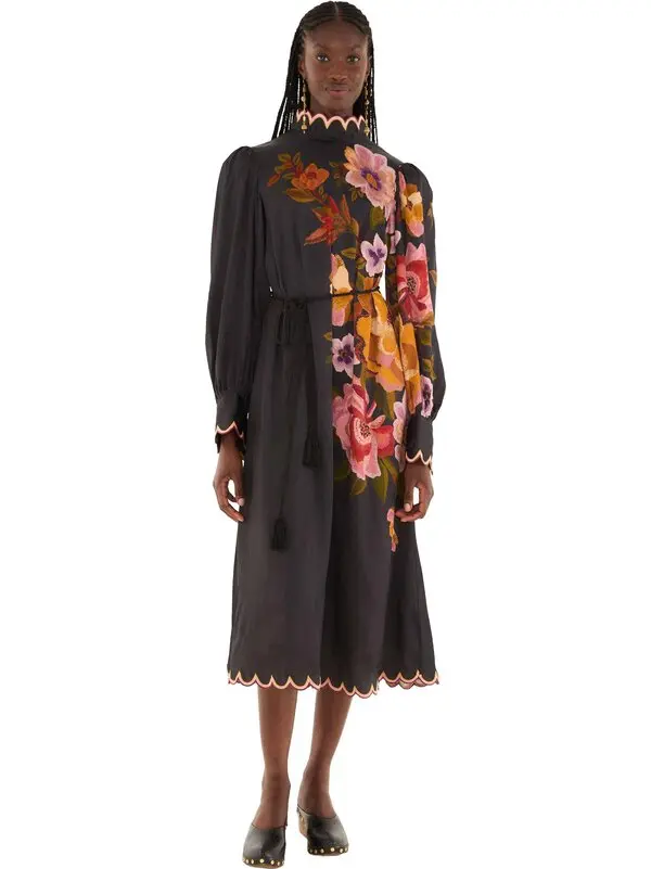 Farm Rio Floral Chenille Midi Dress - Chenille Flowers Black