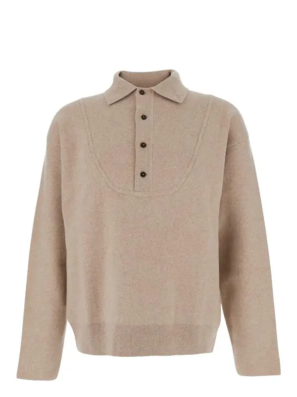 Jacquemus Wool Sweater With Polo Collar And Ribbed Details - Beige