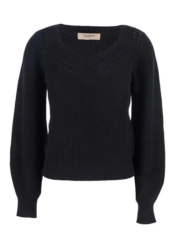 TWINSET Sweater With Embroidered Collar And Elastic Cuffs - Black