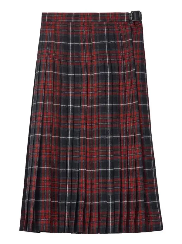 Burberry Check Wool Blend Midi Kilt - Coal Grey/cranberry Red