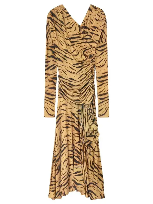 GANNI Tiger-print Draped Midi Dress - Neutrals